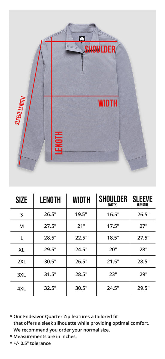Endeavor Quarter Zip Tee Size Chart – INTO THE AM